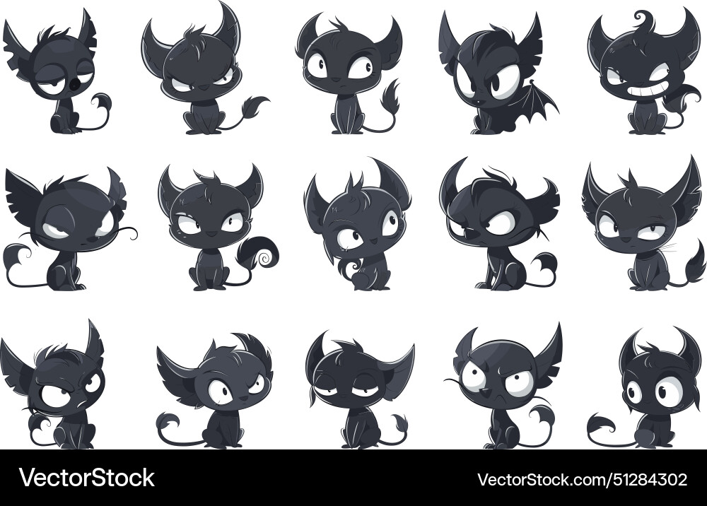 Cartoon black devil kitty demon character icons Vector Image