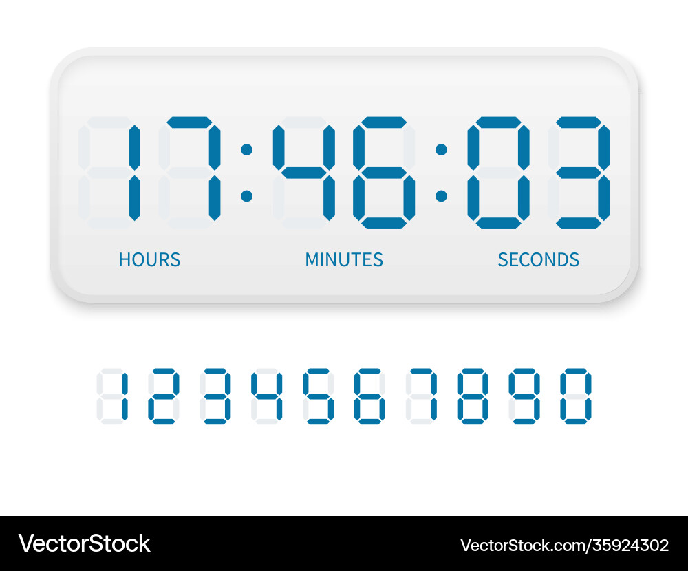 Digital clock numbers flat electron watch screen Vector Image
