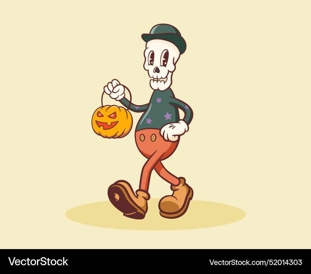 Halloween groovy skeleton retro character cartoon Vector Image