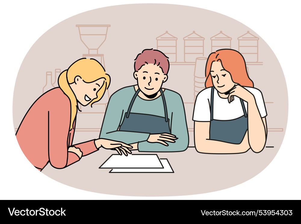 Two cafe owners stand behind bar consulting Vector Image