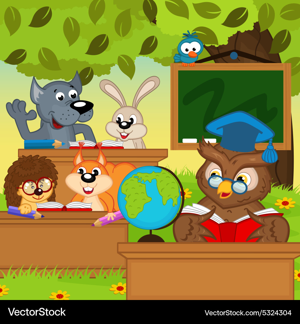 Animals sit at school desks in forest Royalty Free Vector