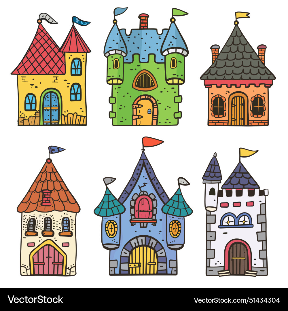 Colorful cartoon castles flags towers various Vector Image