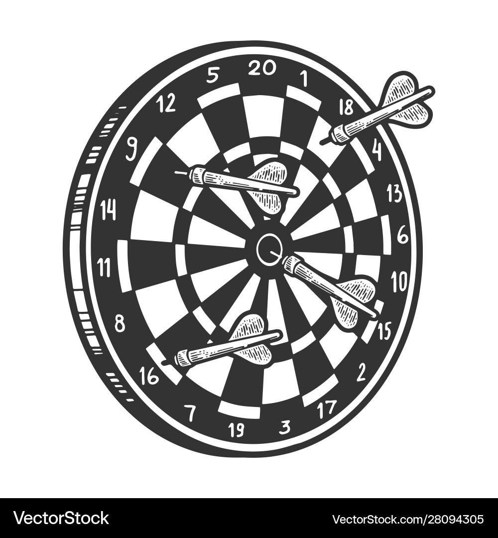Darts in dartboard sketch engraving Royalty Free Vector