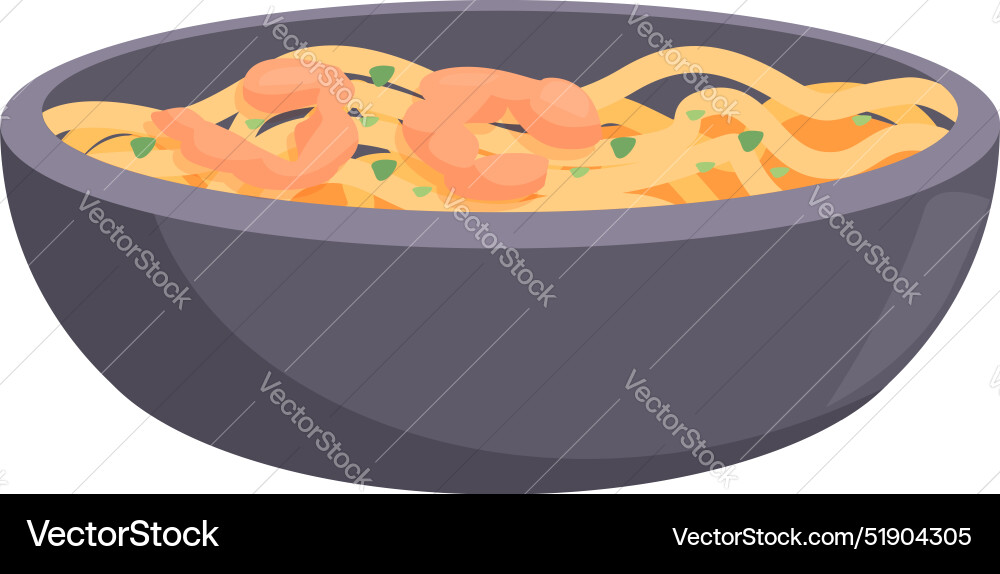 Grey bowl overflowing with delicious shrimp pasta Vector Image