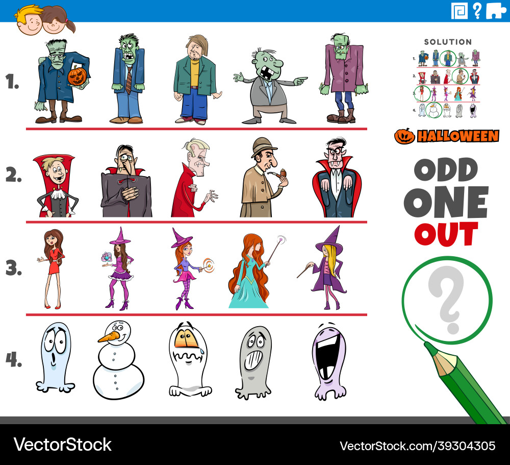 Odd one out picture game with halloween characters
