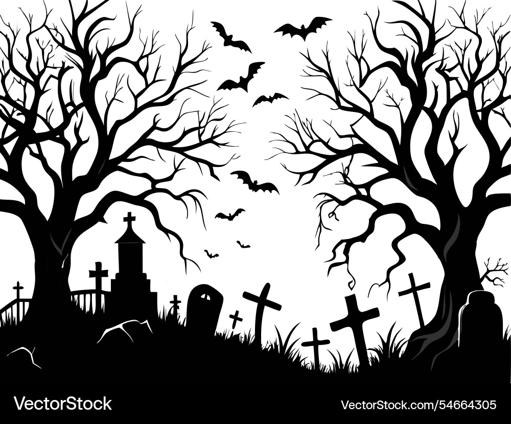 Spooky graveyard silhouette scene with bats Vector Image