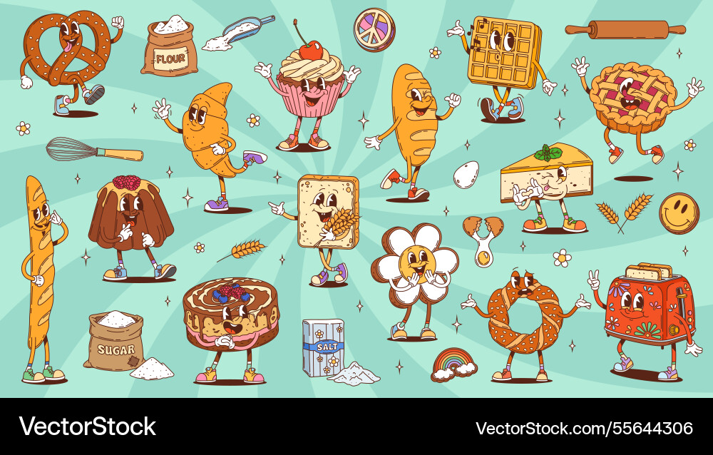 Groovy bakery and desserts cartoon characters Vector Image
