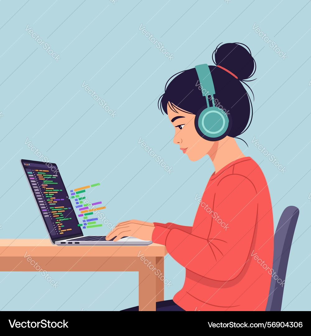 Woman coding on laptop wearing headphones at desk Vector Image