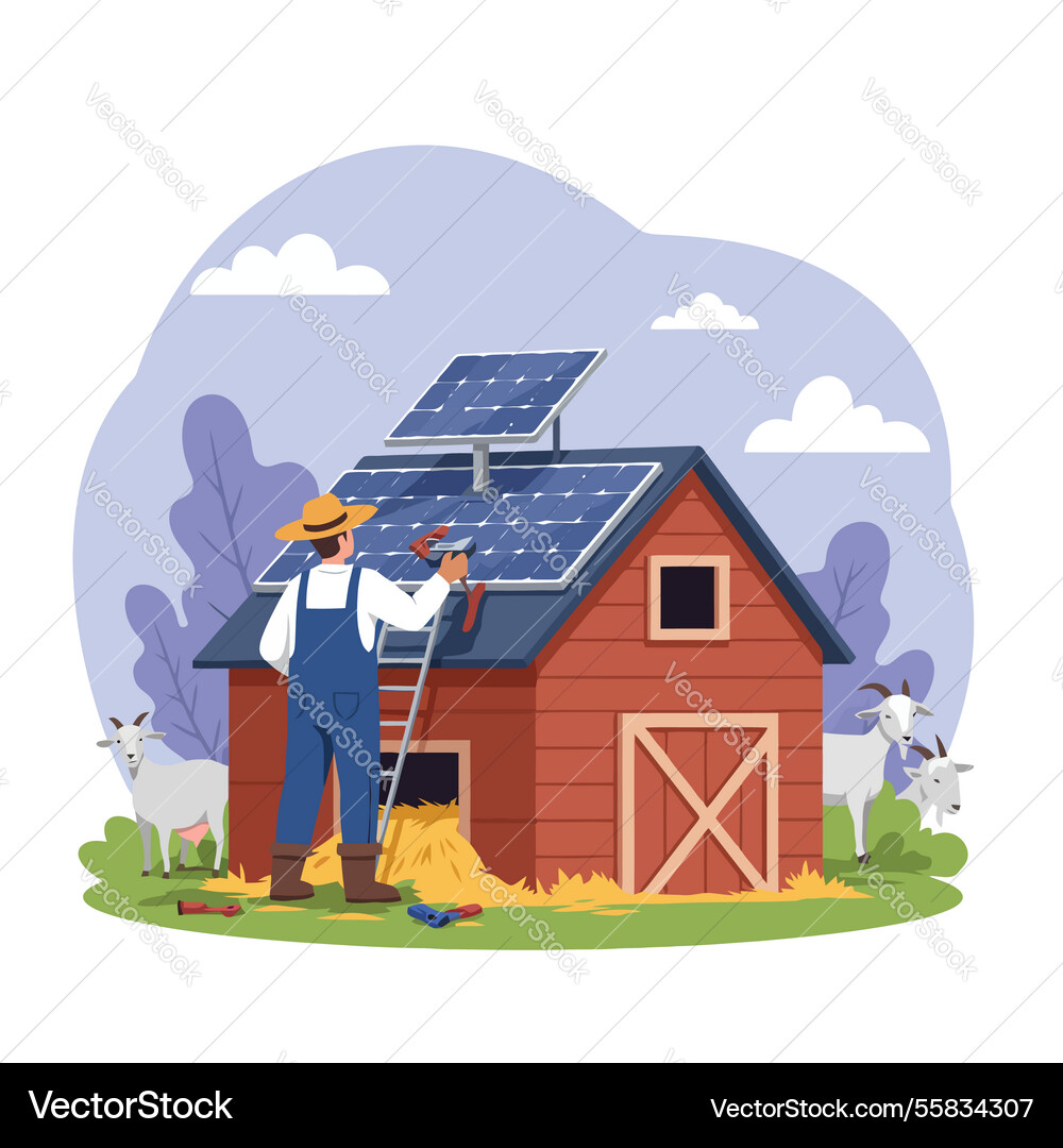 Farmer installing solar panels on barn roof Vector Image