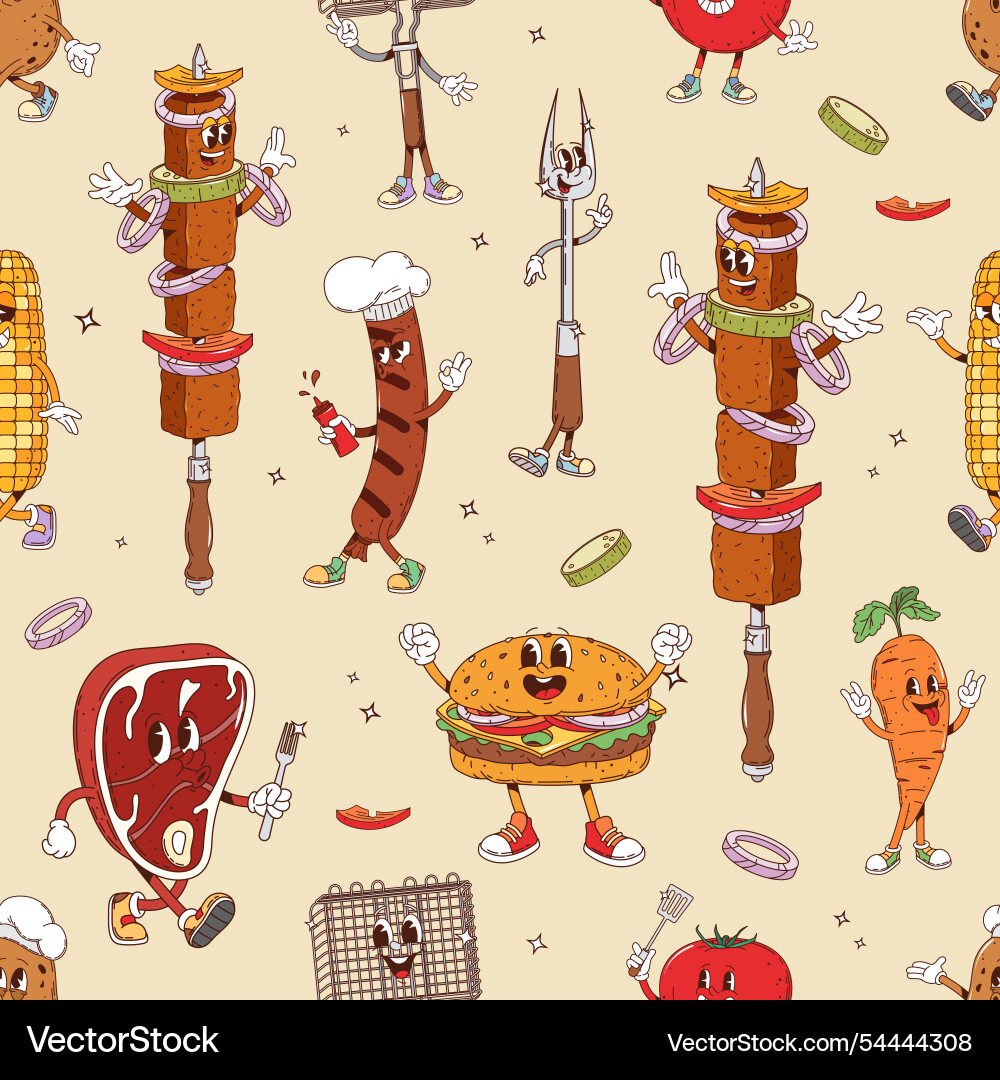 Groovy barbecue characters bbq grill pattern Vector Image