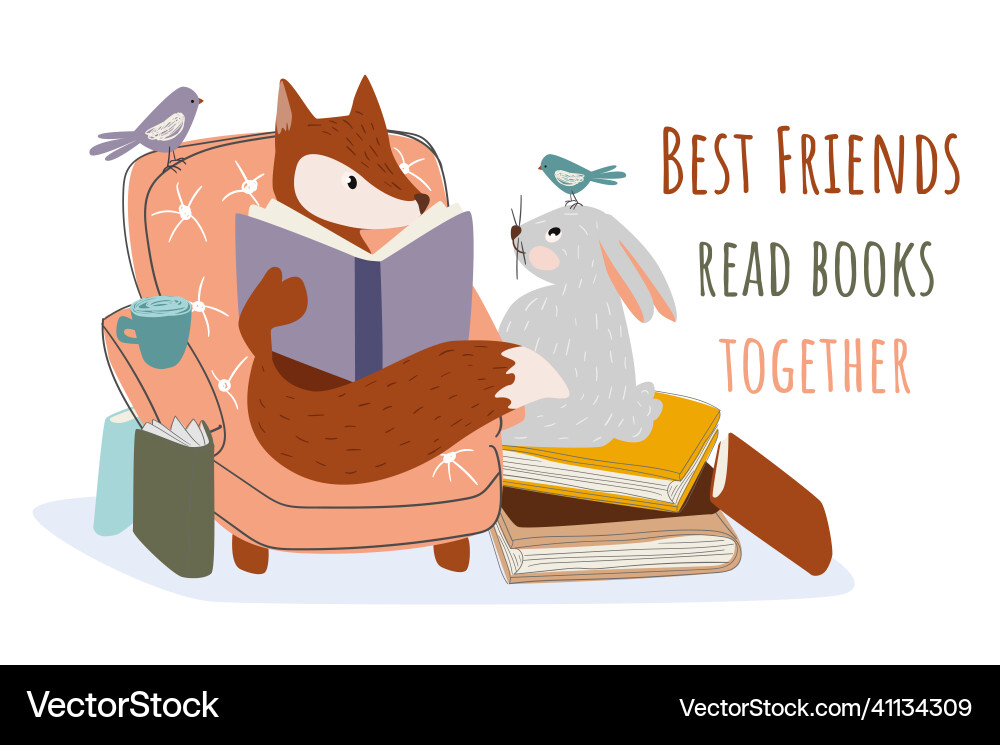 Cute Animals Reading Together Royalty Free Vector Image