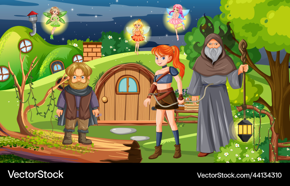 Fantasy folk cartoon characters in the forest Vector Image