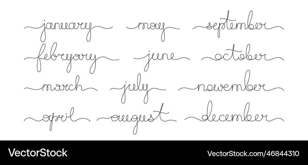 Months name line cursive Kalligraphie Set Kalender
