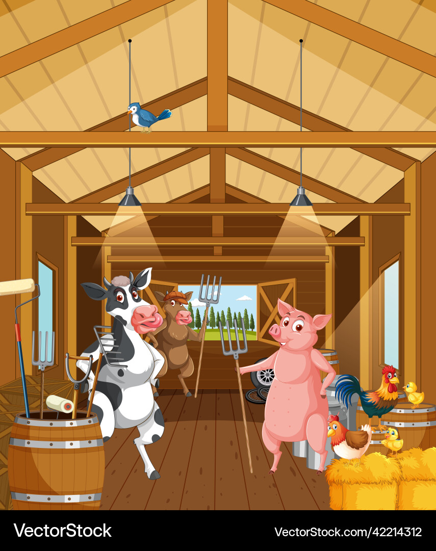 Barn indoor scene with farm animals Royalty Free Vector