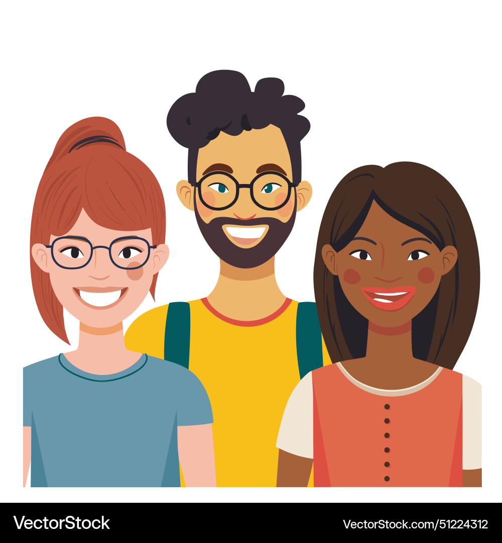 Three happy friends smiling together one man two Vector Image