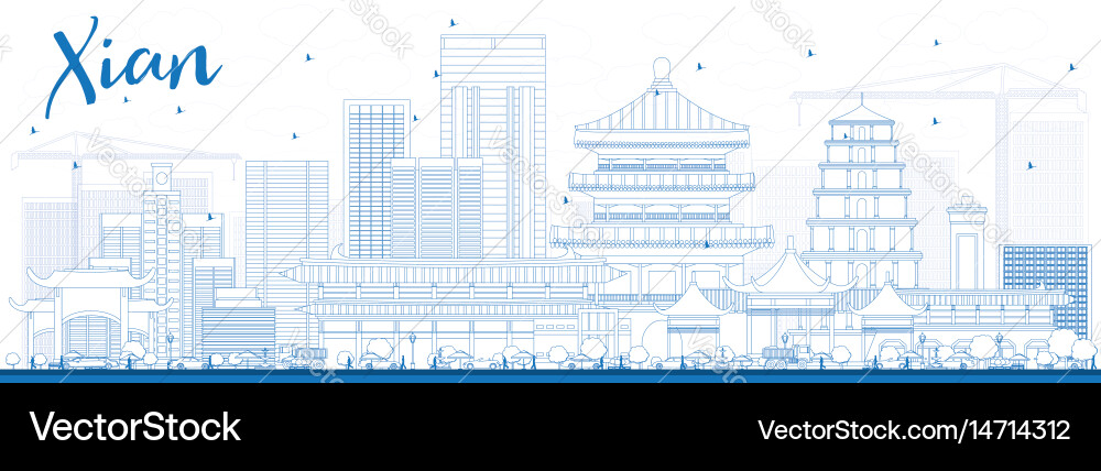 Xian Skyline Outline - Blue Buildings Royalty Free Vector