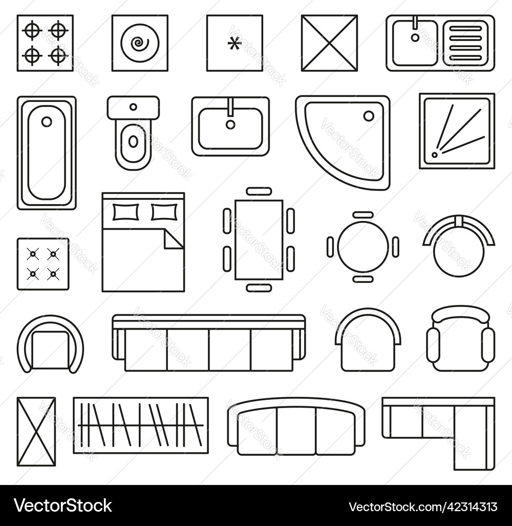 Interior Floor Plan Icons - Line Art Royalty Free Vector