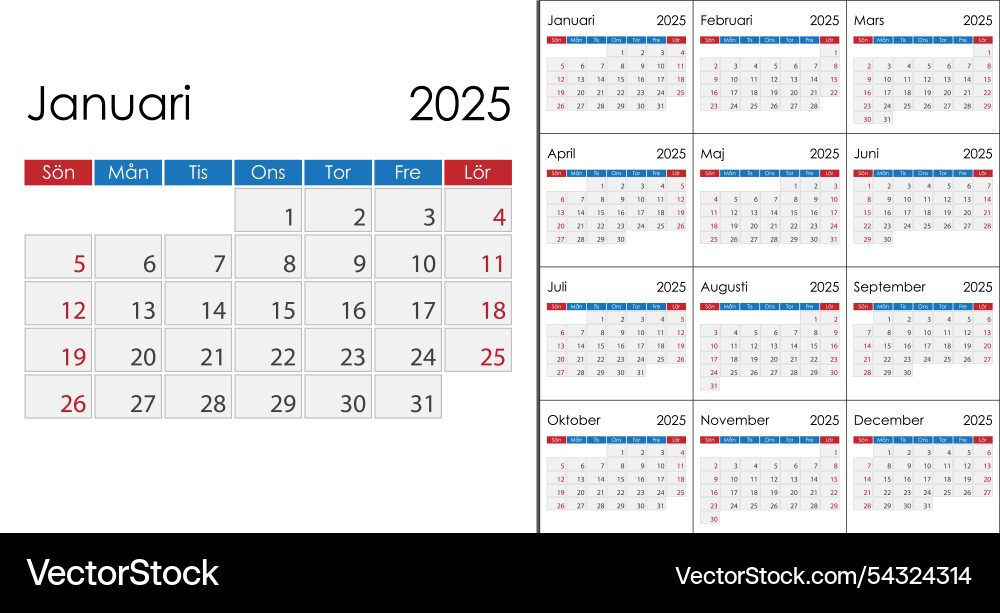 Calendar 2025 on swedish language week start Vector Image