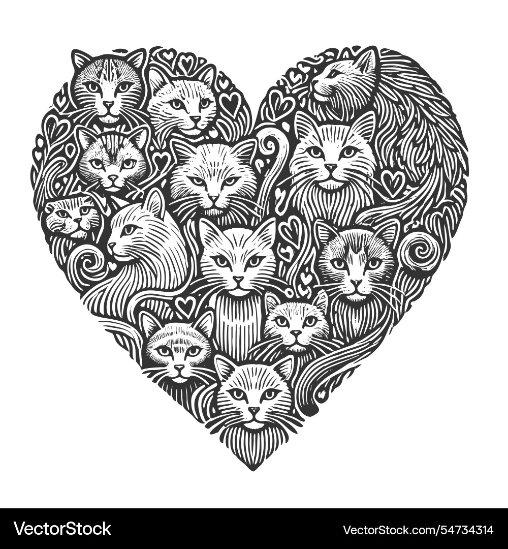 Heart-shaped cat with multiple faces Royalty Free Vector