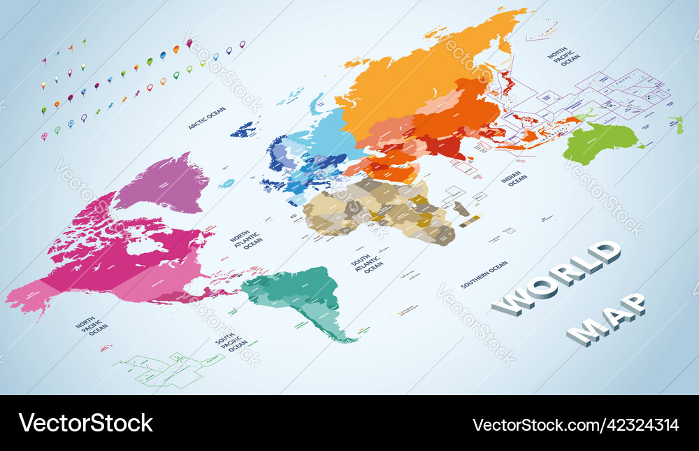 Isometric world map colored by continents Vector Image