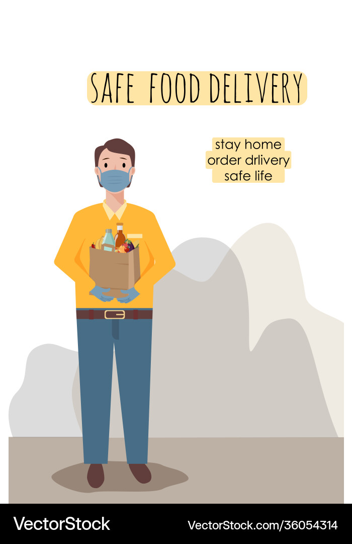 Safe food delivery young courier delivering order Vector Image