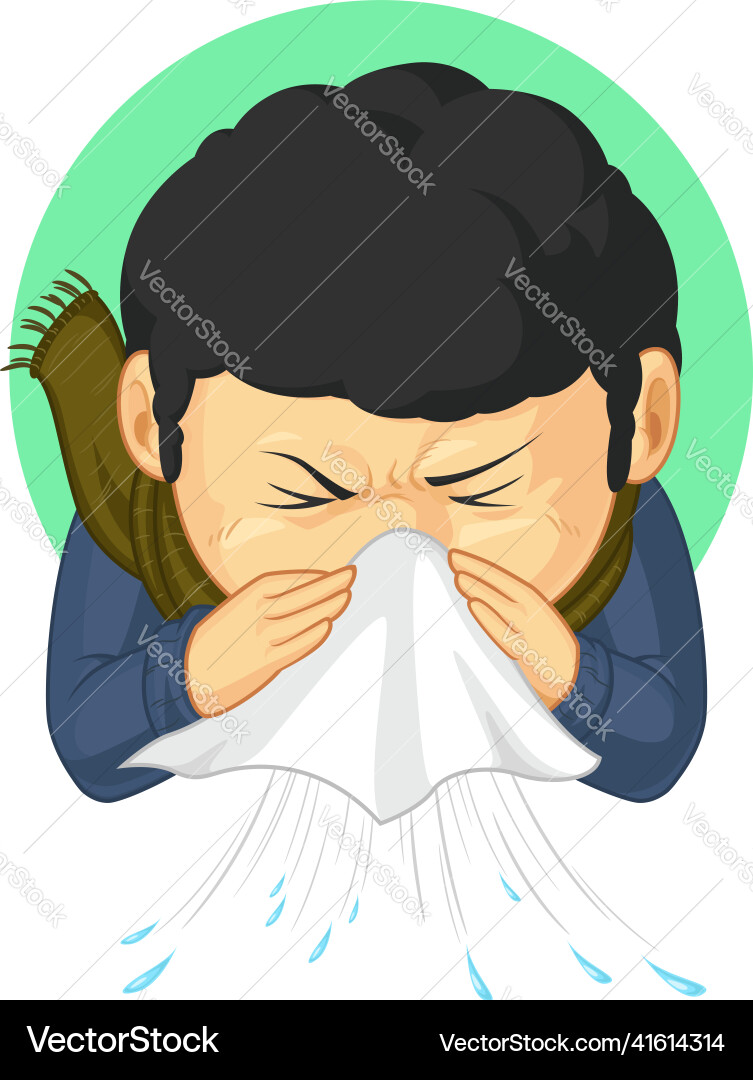 Sick boy caught flu sneezing disease cartoon Vector Image
