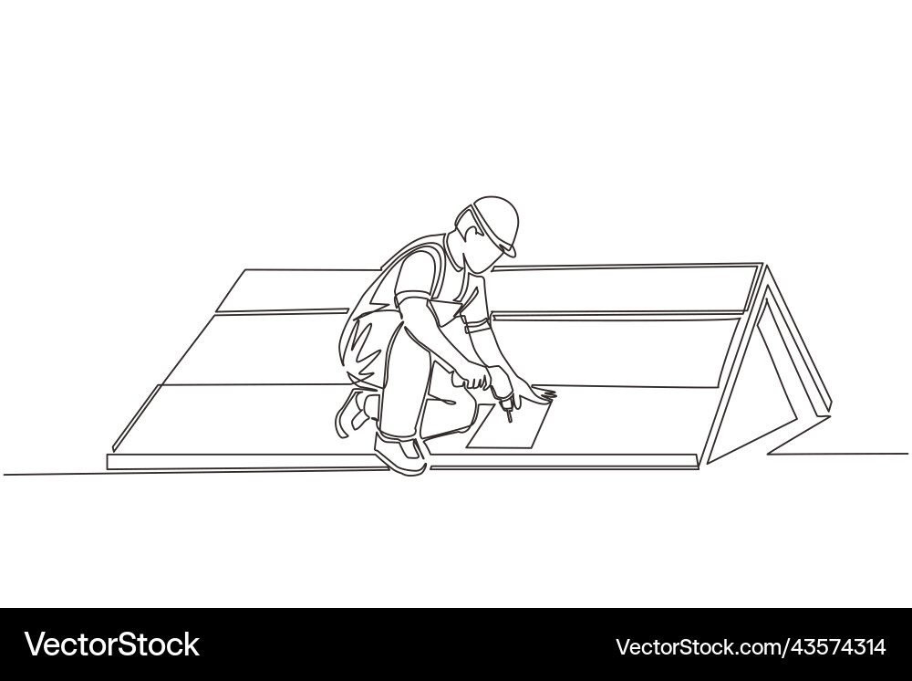 Single continuous line drawing roofer installing Vector Image