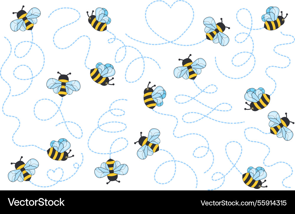 Bees flying path cartoon bee fly dotted line Vector Image