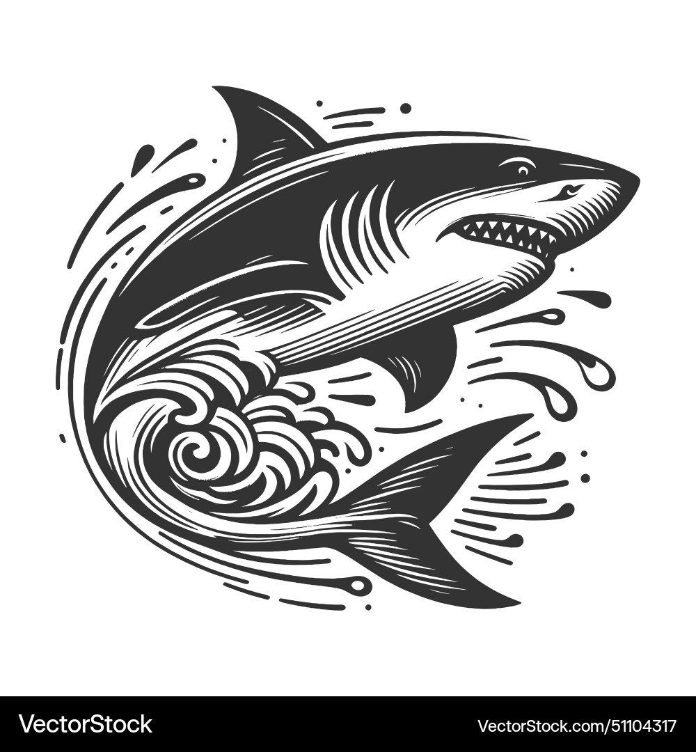 Shark ocean waves engraving Royalty Free Vector Image