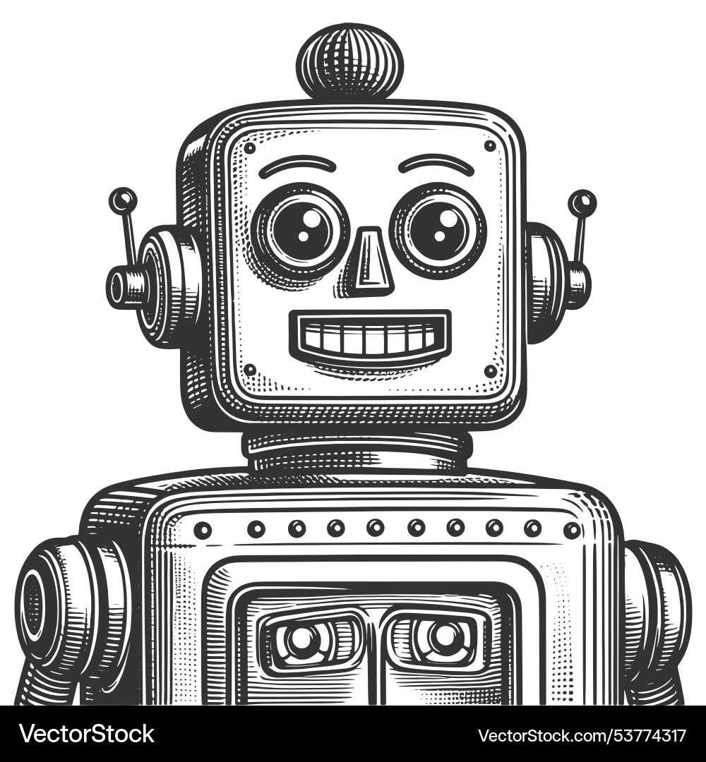 Smiling vintage robot engraving Royalty Free Vector Image