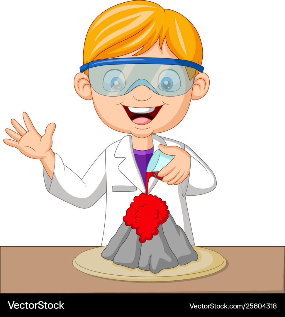 Cartoon boy scientist doing volcano experiment Vector Image