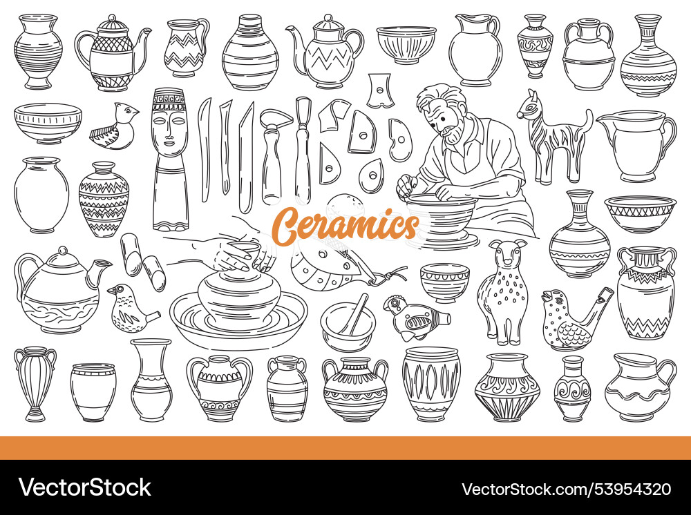Handmade ceramic dishes molded from natural clay Vector Image