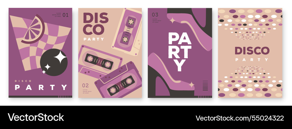 Set of retro disco party posters with ball Vector Image