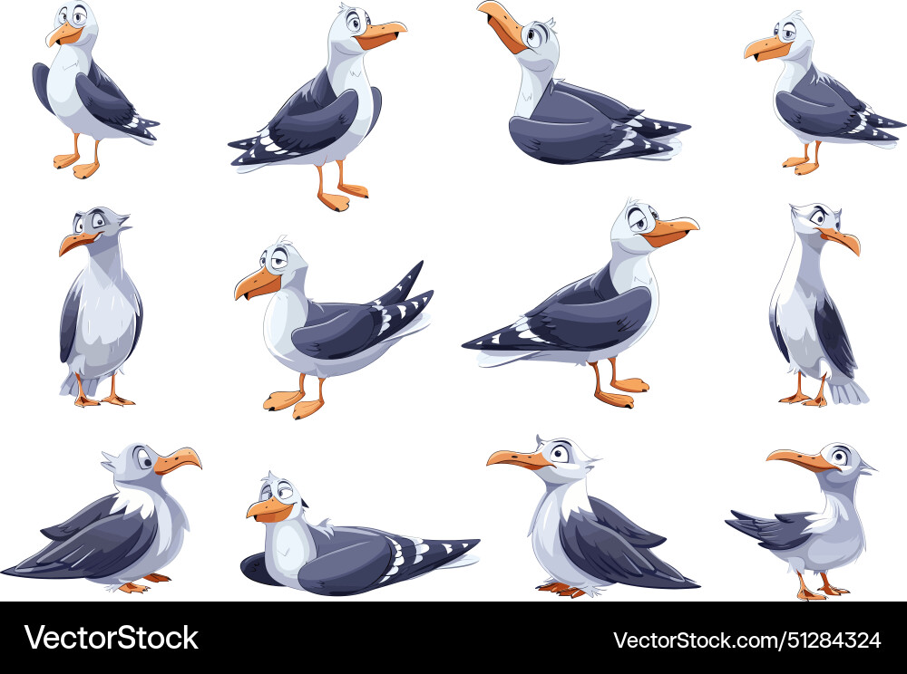 Cartoon seagull dynamic poses isolated set Vector Image