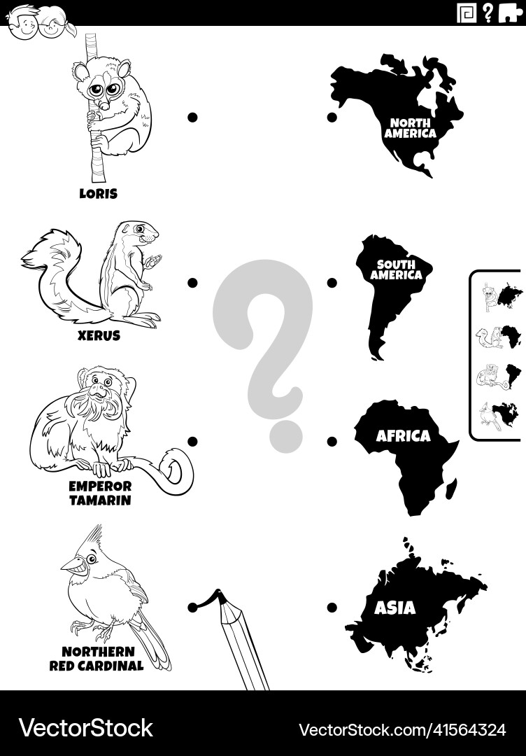 Match animals and continents task coloring book Vector Image