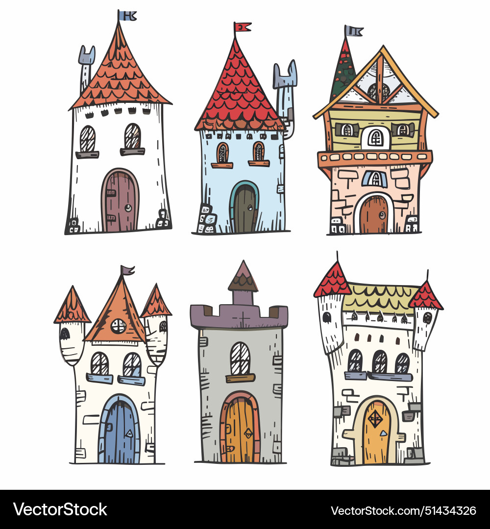 Set six quirky castles handdrawn medieval Vector Image