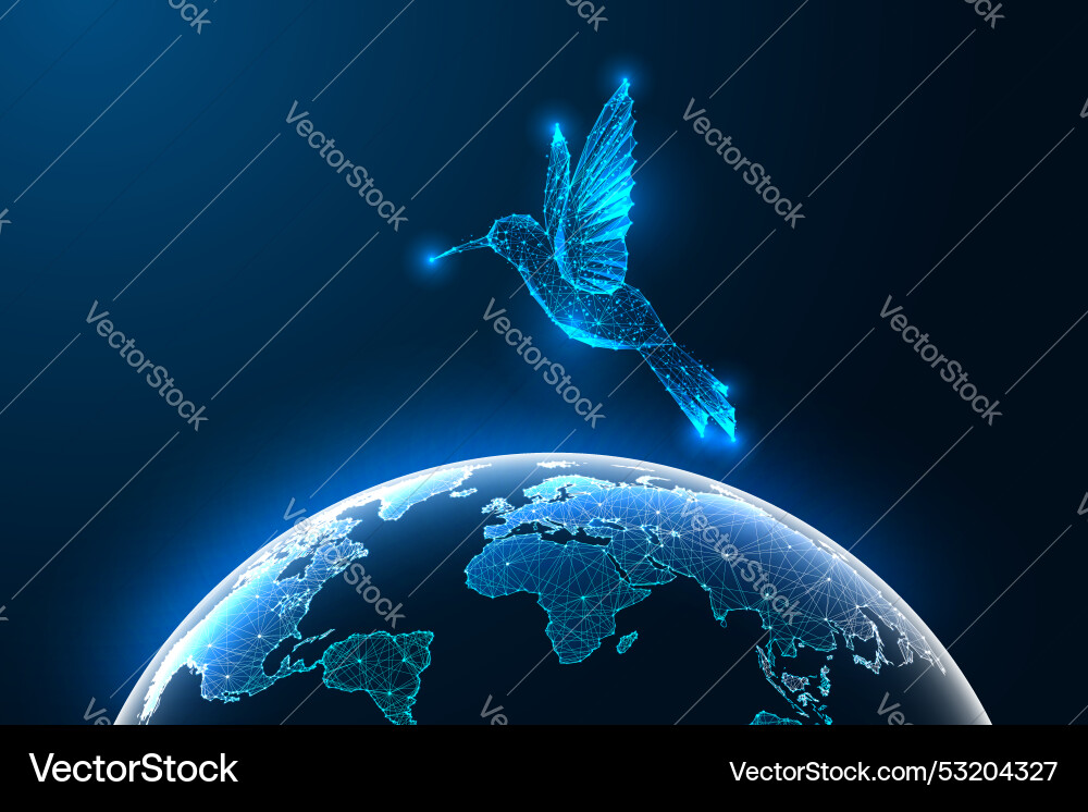 Colibri flying over planet earth on dark blue Vector Image