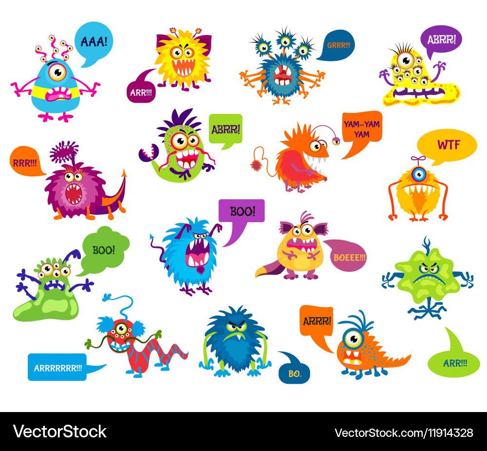 Cartoon silly monsters with funny inscriptions Vector Image