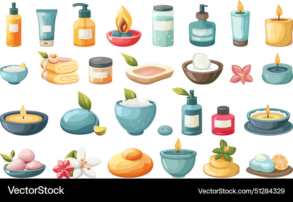Cartoon spa refreshing supplies icons set Vector Image
