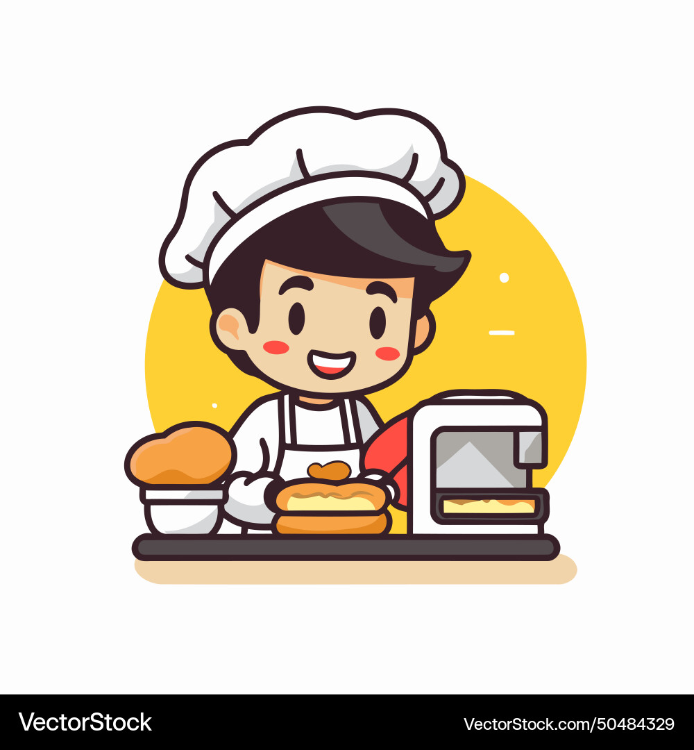 Cute chef boy with bread and toaster Royalty Free Vector