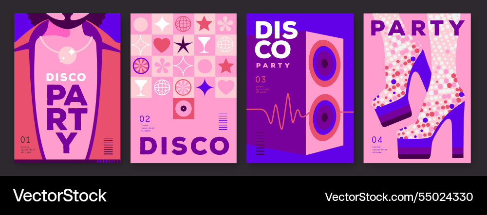 Set of retro disco party posters with ball Vector Image