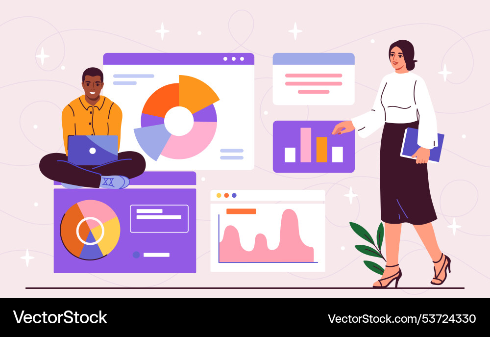 Teamwork with graphs man and woman diagrams Vector Image