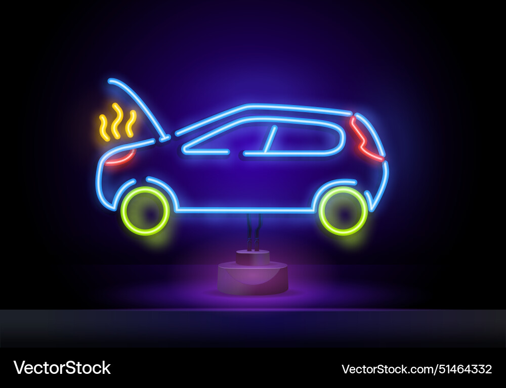 Broken car neon sign luminous signboard with road Vector Image
