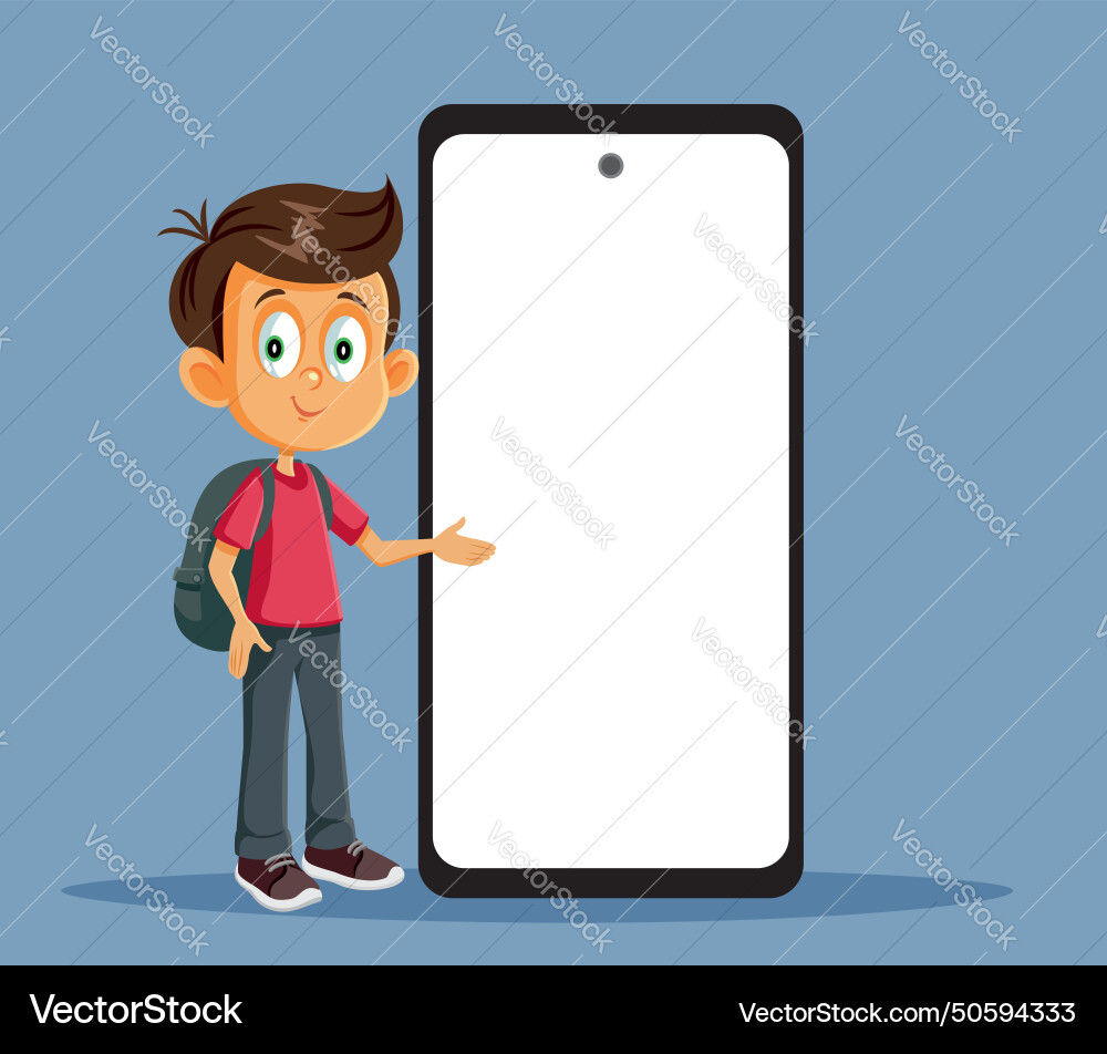 Student boy showing a blank phone screen display Vector Image