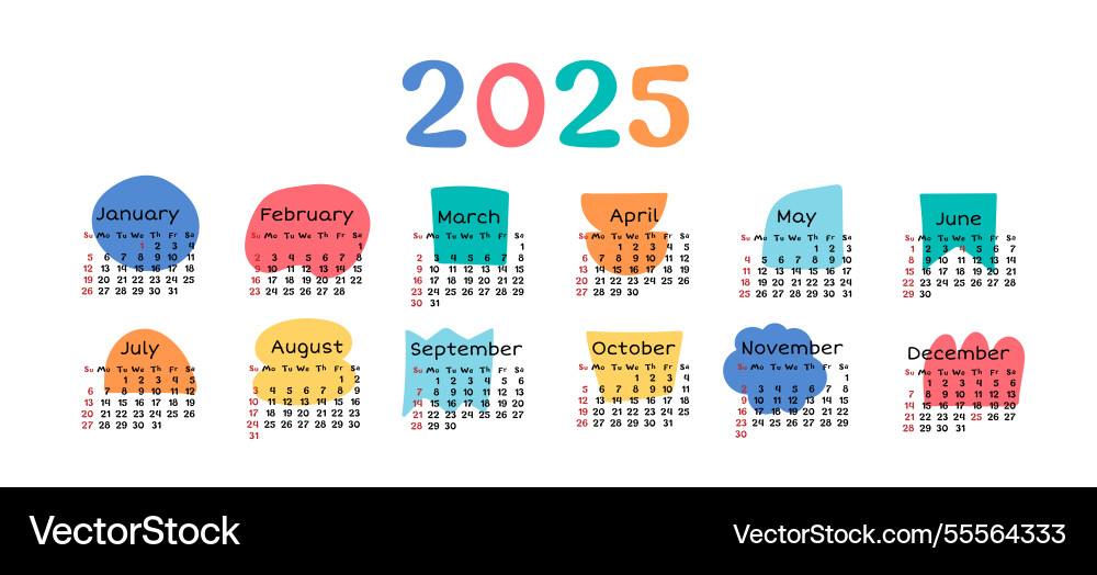 Trendy bright shapes calendar 2025 template Vector Image