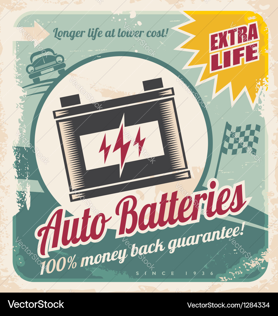 Auto batteries vintage poster design Royalty Free Vector