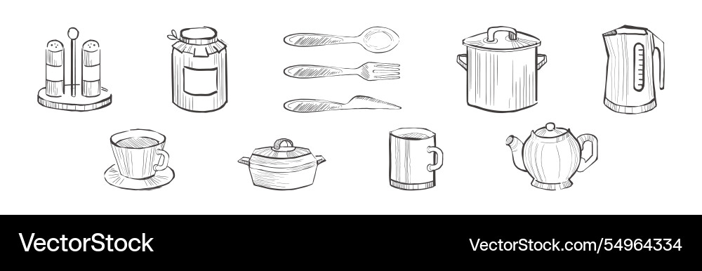 Kitchen cookware and utensils sketch drawn Vector Image