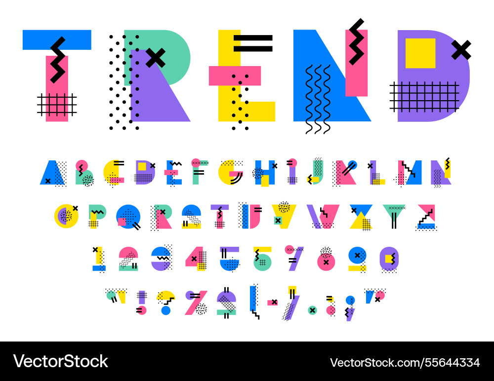 Memphis font alphabet geometric type letters Vector Image