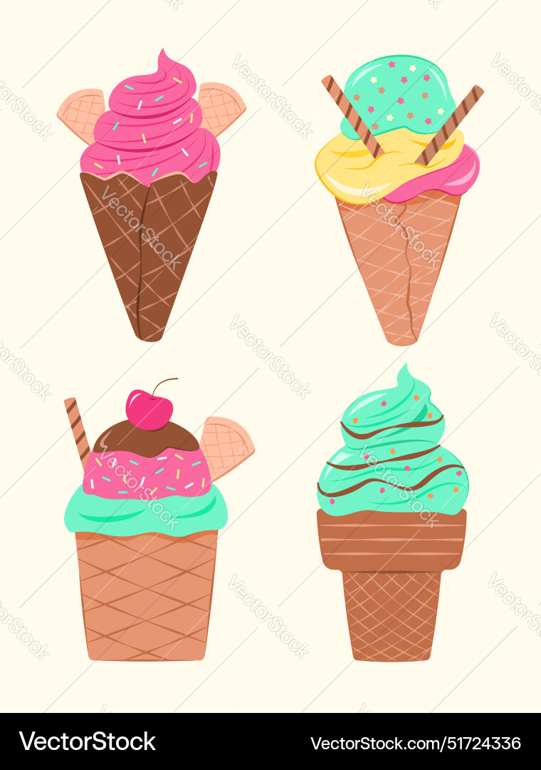 Colorful ice creams with waffle cones clip art set