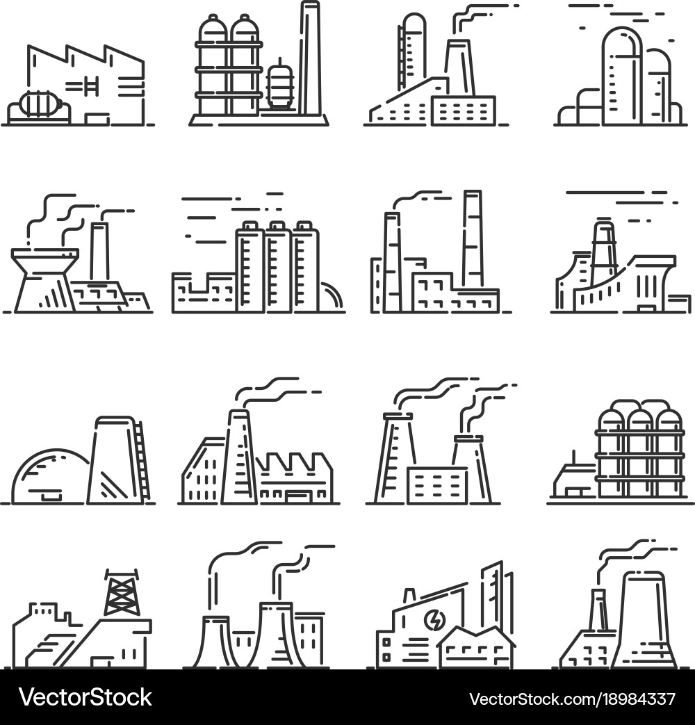 Factory building outline set Royalty Free Vector Image